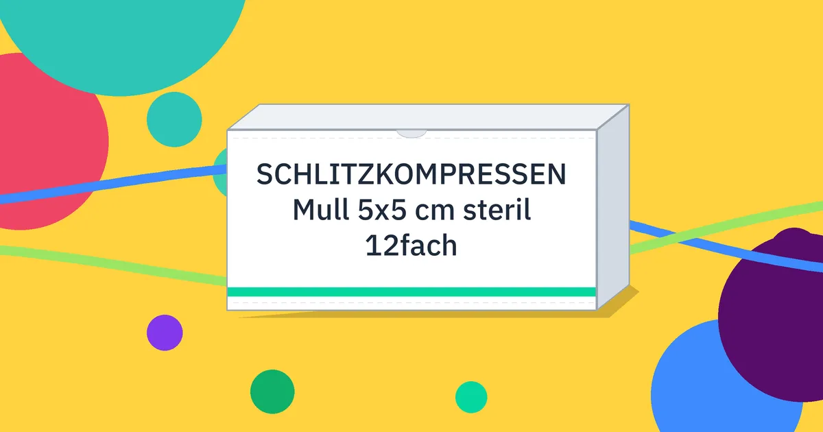 Symbolbild: Packung mit der Aufschrift SCHLITZKOMPRESSEN Mull 5x5 cm steril 12fach (PZN 00816204) – Verfügbarkeit und Bezug in Apotheken in Frankfurt am Main