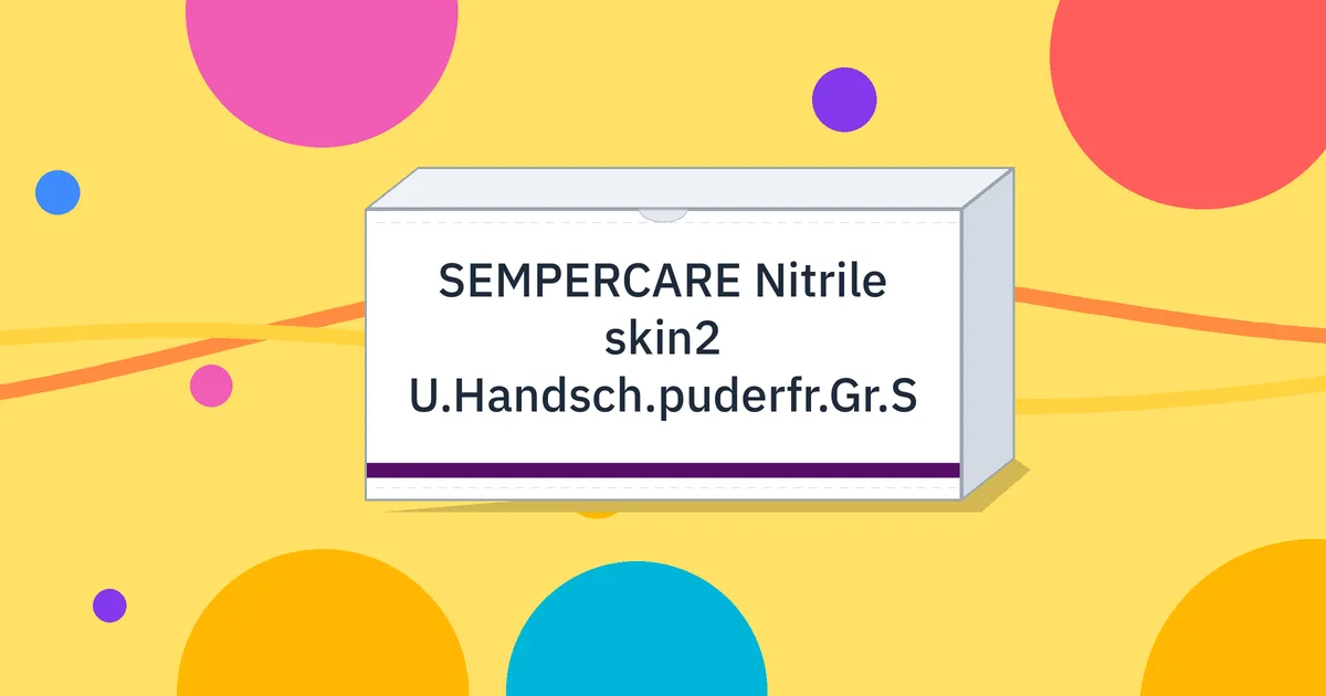 Symbolbild: Packung mit der Aufschrift SEMPERCARE Nitrile skin2 U.Handsch.puderfr.Gr.S (PZN 07418582) – Verfügbarkeit und Bezug in Apotheken in Frankfurt am Main