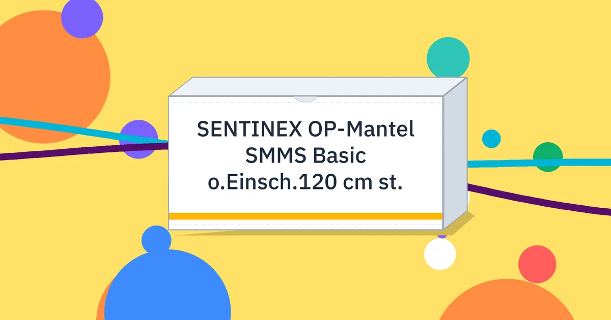 Symbolbild: Packung mit der Aufschrift SENTINEX OP-Mantel SMMS Basic o.Einsch.120 cm st. (PZN 03166273) – Verfügbarkeit und Bezug in Apotheken in Frankfurt am Main