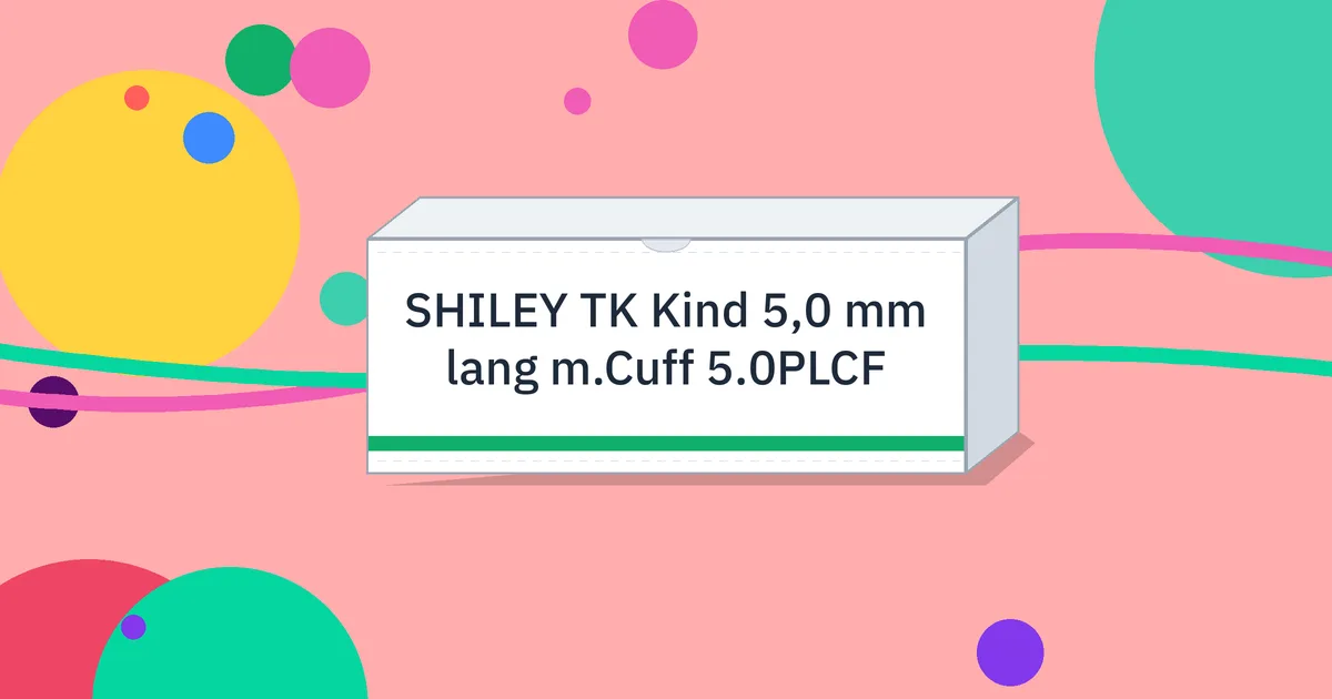Symbolbild: Packung mit der Aufschrift SHILEY TK Kind 5,0 mm lang m.Cuff 5.0PLCF (PZN 16354757) – Verfügbarkeit und Bezug in Apotheken in Frankfurt am Main