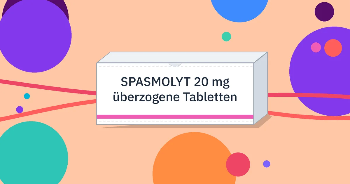 Symbolbild: Packung mit der Aufschrift SPASMOLYT 20 mg überzogene Tabletten (PZN 19132804) – Verfügbarkeit und Bezug in Apotheken in Frankfurt am Main