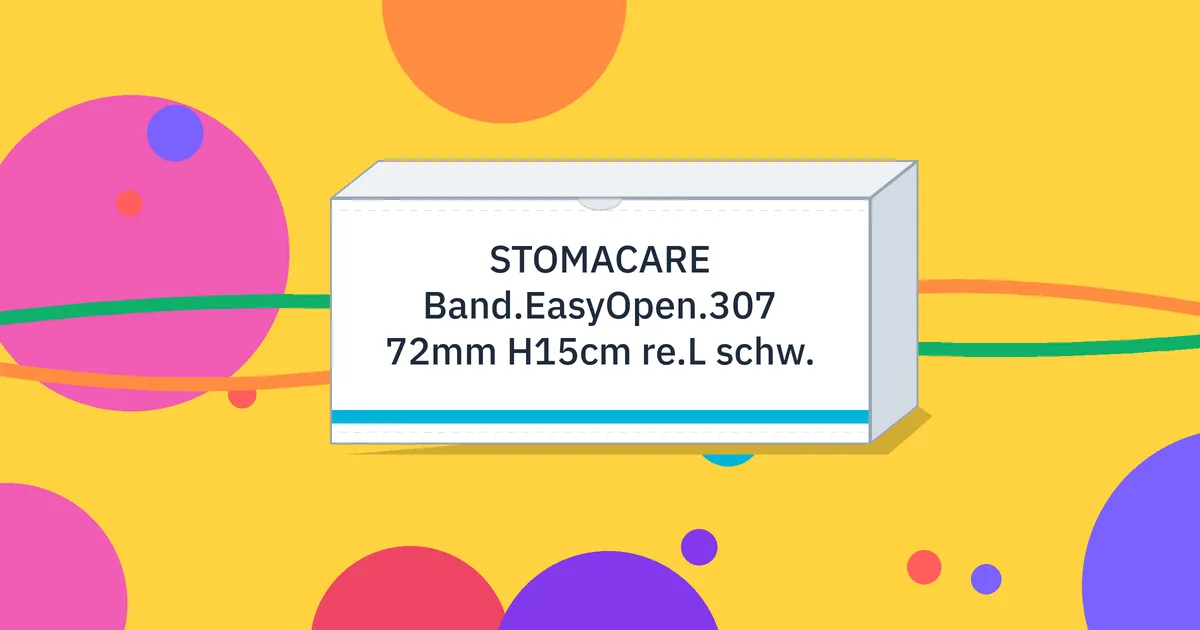 Symbolbild: Packung mit der Aufschrift STOMACARE Band.EasyOpen.307 72mm H15cm re.L schw. (PZN 09437632) – Verfügbarkeit und Bezug in Apotheken in Frankfurt am Main