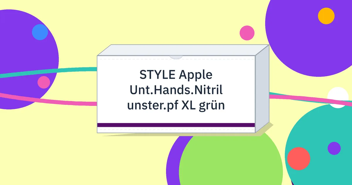 Symbolbild: Packung mit der Aufschrift STYLE Apple Unt.Hands.Nitril unster.pf XL grün (PZN 14820043) – Verfügbarkeit und Bezug in Apotheken in Frankfurt am Main