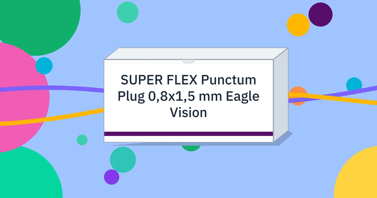 Symbolbild: Packung mit der Aufschrift SUPER FLEX Punctum Plug 0,8x1,5 mm Eagle Vision (PZN 10929323) – Verfügbarkeit und Bezug in Apotheken in Frankfurt am Main