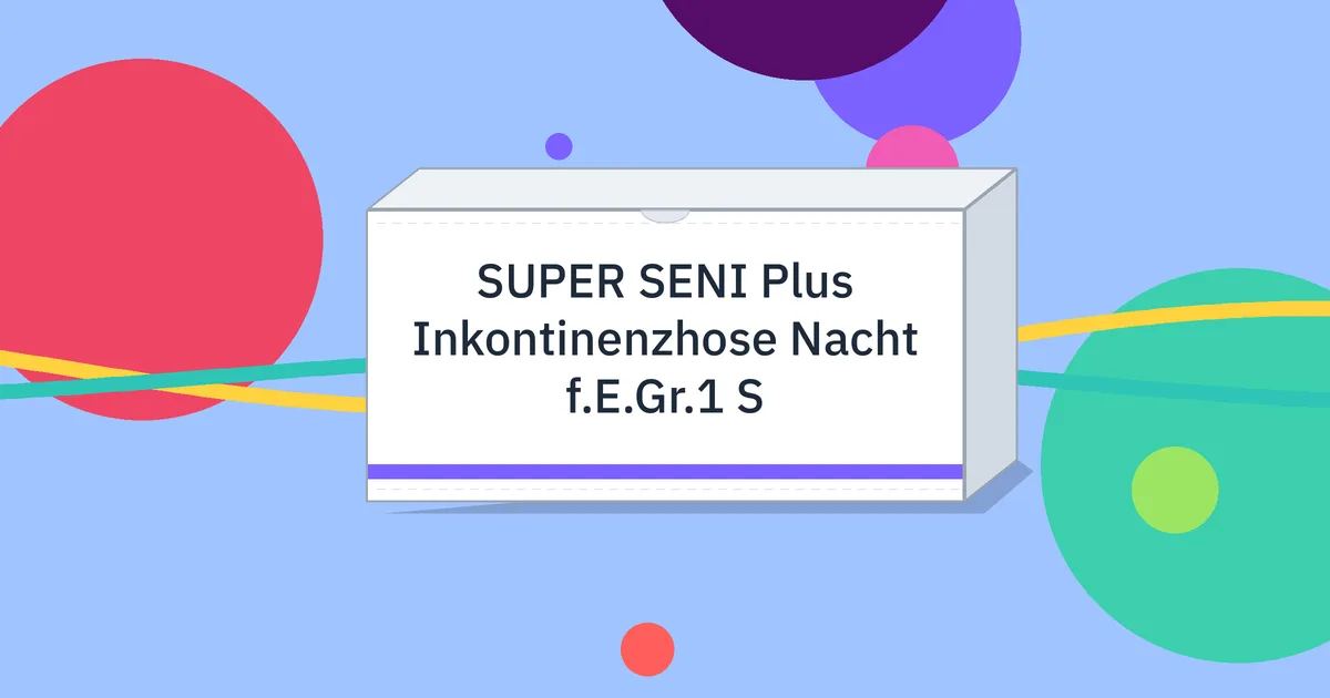 Symbolbild: Packung mit der Aufschrift SUPER SENI Plus Inkontinenzhose Nacht f.E.Gr.1 S (PZN 12664426) – Verfügbarkeit und Bezug in Apotheken in Frankfurt am Main