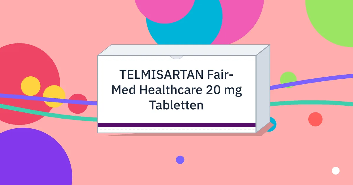 Symbolbild: Packung mit der Aufschrift TELMISARTAN Fair-Med Healthcare 20 mg Tabletten (PZN 13245938) – Verfügbarkeit und Bezug in Apotheken in Frankfurt am Main