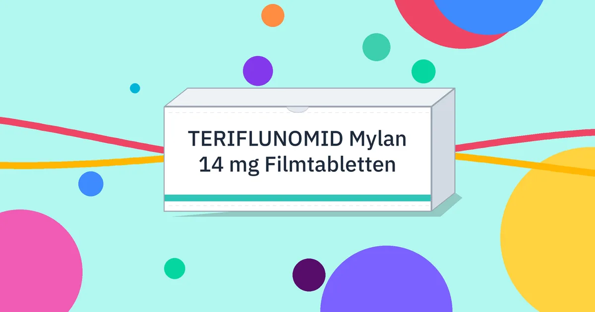 Symbolbild: Packung mit der Aufschrift TERIFLUNOMID Mylan 14 mg Filmtabletten (PZN 18361069) – Verfügbarkeit und Bezug in Apotheken in Frankfurt am Main