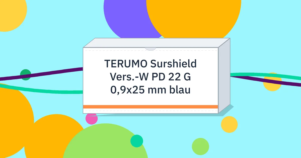Symbolbild: Packung mit der Aufschrift TERUMO Surshield Vers.-W PD 22 G 0,9x25 mm blau (PZN 17630840) – Verfügbarkeit und Bezug in Apotheken in Frankfurt am Main