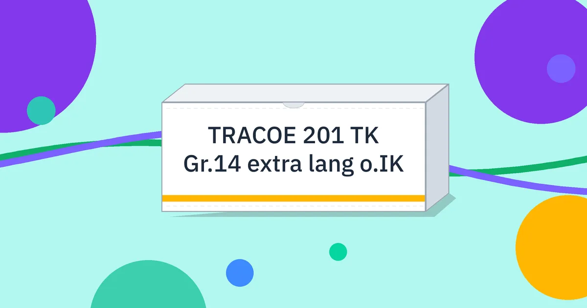 Symbolbild: Packung mit der Aufschrift TRACOE 201 TK Gr.14 extra lang o.IK (PZN 11643468) – Verfügbarkeit und Bezug in Apotheken in Frankfurt am Main