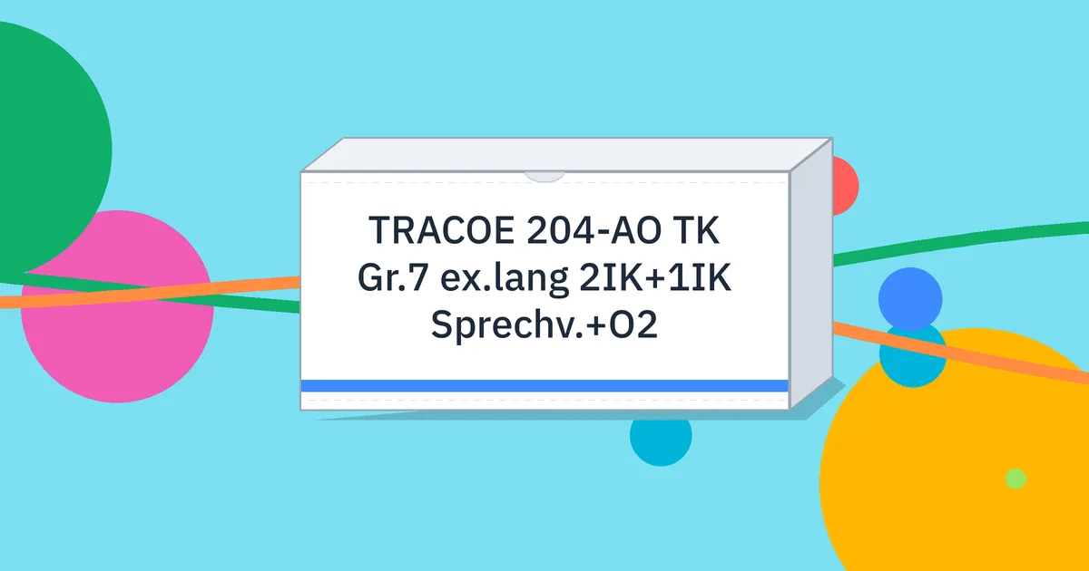 Symbolbild: Packung mit der Aufschrift TRACOE 204-AO TK Gr.7 ex.lang 2IK+1IK Sprechv.+O2 (PZN 17274115) – Verfügbarkeit und Bezug in Apotheken in Frankfurt am Main