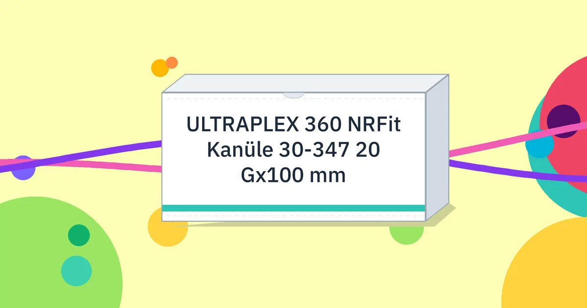Symbolbild: Packung mit der Aufschrift ULTRAPLEX 360 NRFit Kanüle 30-347 20 Gx100 mm (PZN 13658675) – Verfügbarkeit und Bezug in Apotheken in Frankfurt am Main