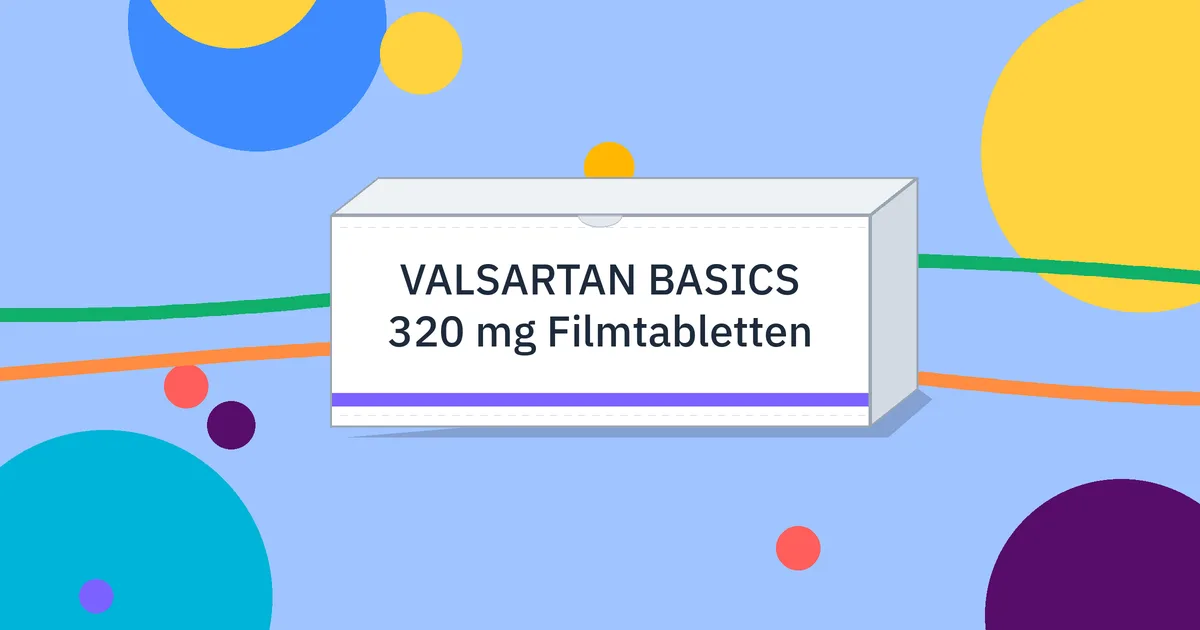 Symbolbild: Packung mit der Aufschrift VALSARTAN BASICS 320 mg Filmtabletten (PZN 08798931) – Verfügbarkeit und Bezug in Apotheken in Frankfurt am Main