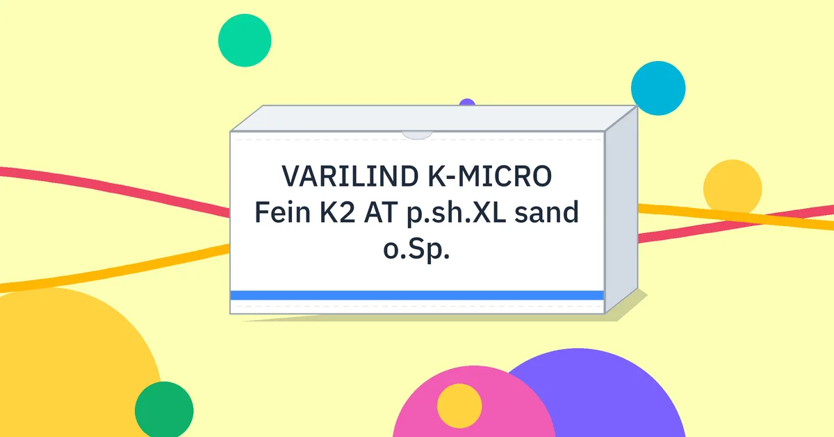Symbolbild: Packung mit der Aufschrift VARILIND K-MICRO Fein K2 AT p.sh.XL sand o.Sp. (PZN 20553238) – Verfügbarkeit und Bezug in Apotheken in Frankfurt am Main