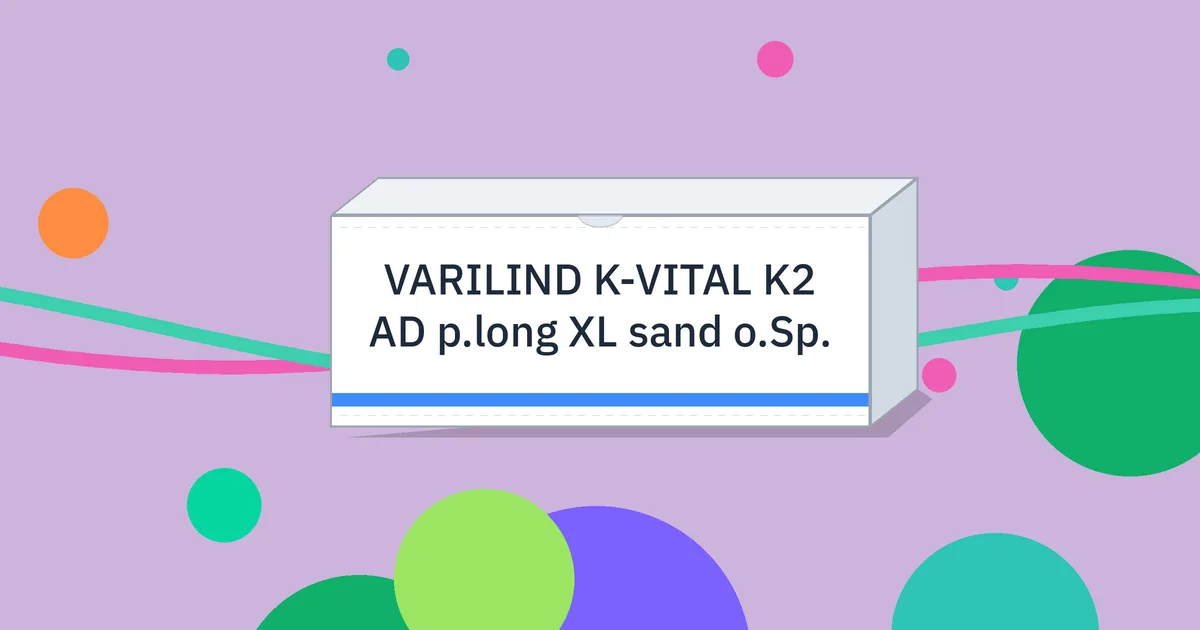 Symbolbild: Packung mit der Aufschrift VARILIND K-VITAL K2 AD p.long XL sand o.Sp. (PZN 20567714) – Verfügbarkeit und Bezug in Apotheken in Frankfurt am Main