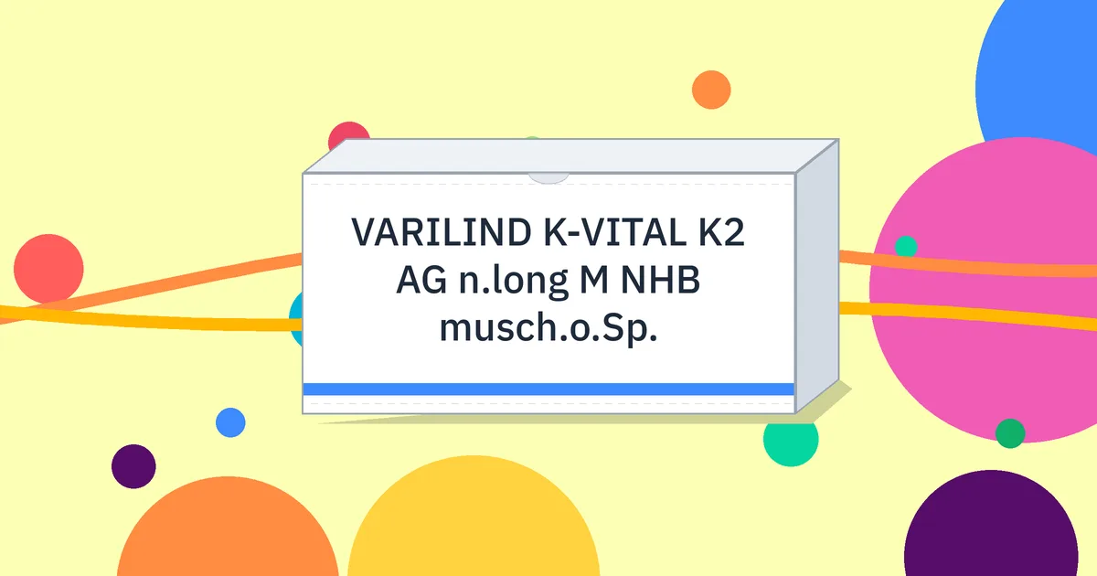Symbolbild: Packung mit der Aufschrift VARILIND K-VITAL K2 AG n.long M NHB musch.o.Sp. (PZN 20565661) – Verfügbarkeit und Bezug in Apotheken in Frankfurt am Main