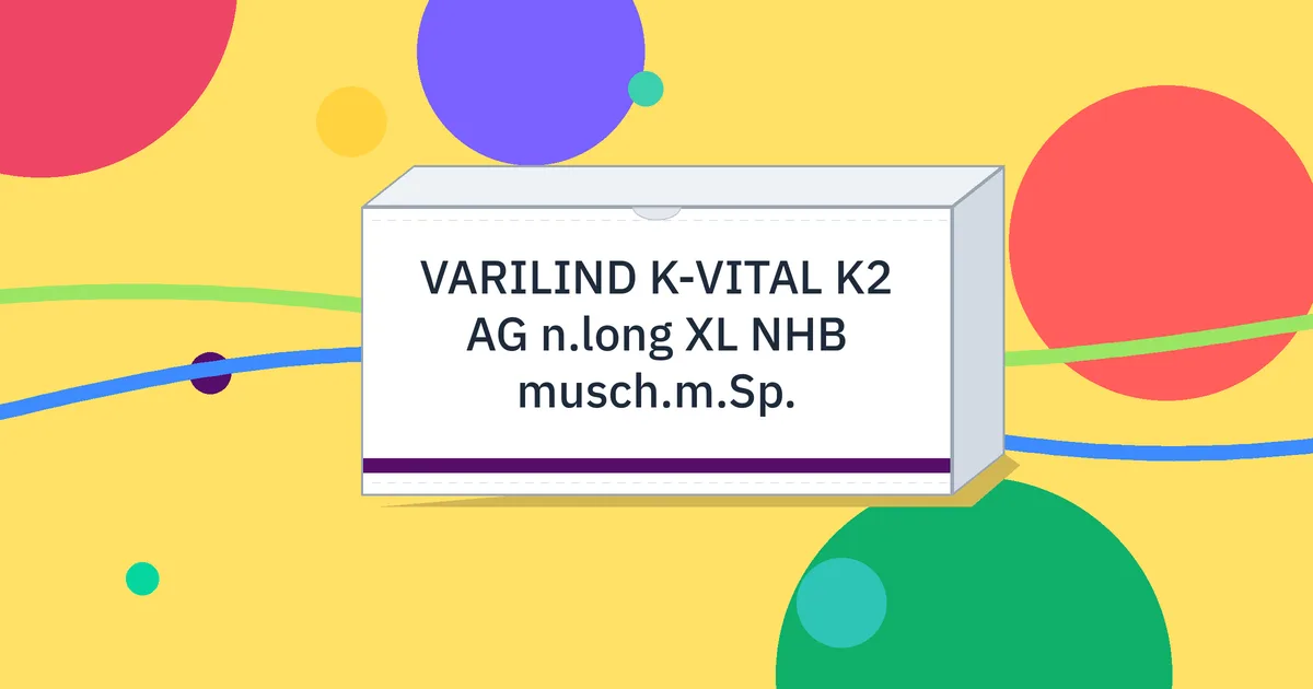 Symbolbild: Packung mit der Aufschrift VARILIND K-VITAL K2 AG n.long XL NHB musch.m.Sp. (PZN 20565460) – Verfügbarkeit und Bezug in Apotheken in Frankfurt am Main