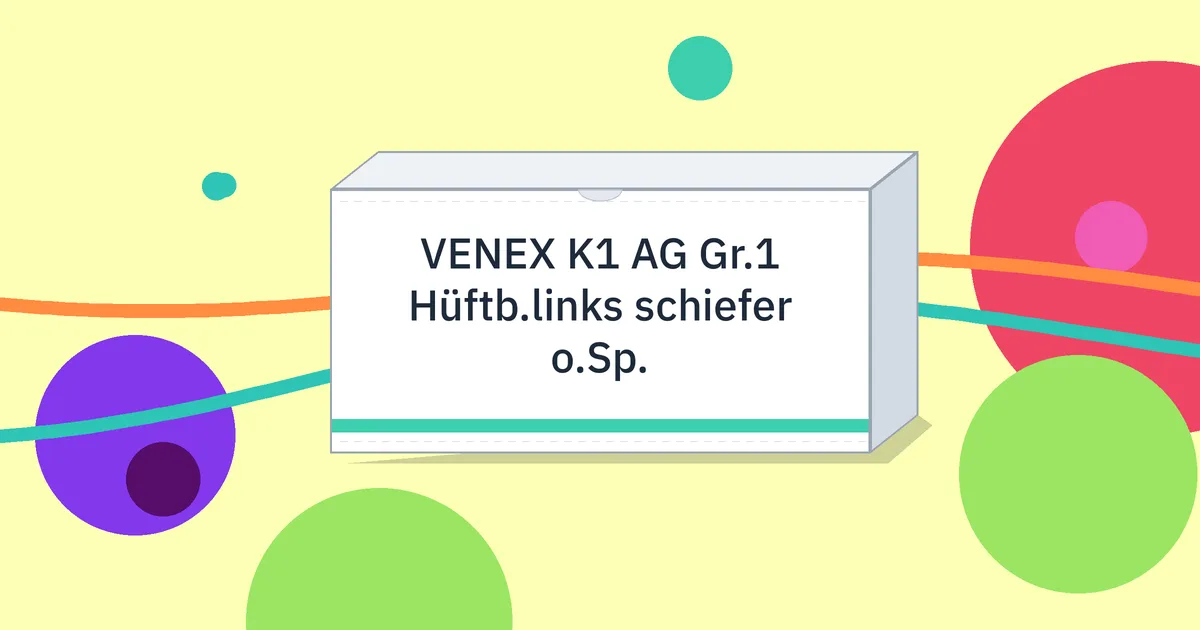 Symbolbild: Packung mit der Aufschrift VENEX K1 AG Gr.1 Hüftb.links schiefer o.Sp. (PZN 03206251) – Verfügbarkeit und Bezug in Apotheken in Frankfurt am Main