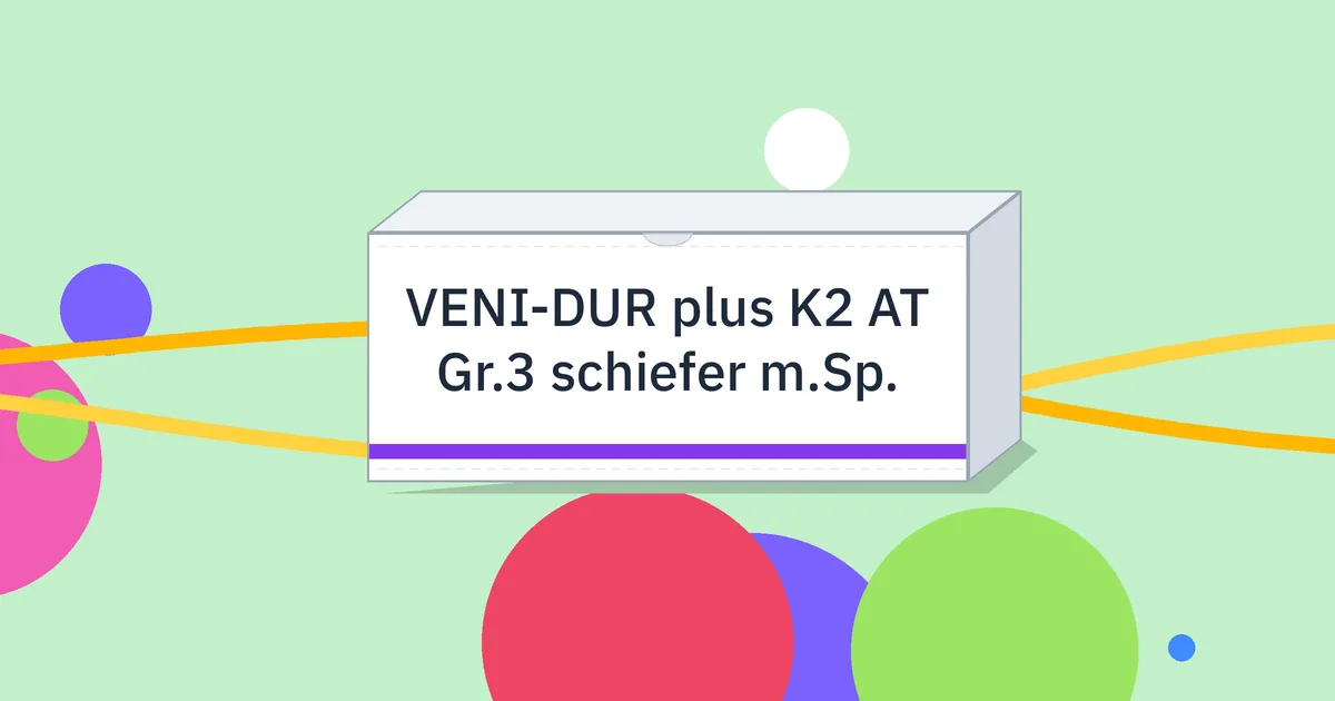 Symbolbild: Packung mit der Aufschrift VENI-DUR plus K2 AT Gr.3 schiefer m.Sp. (PZN 03255350) – Verfügbarkeit und Bezug in Apotheken in Frankfurt am Main