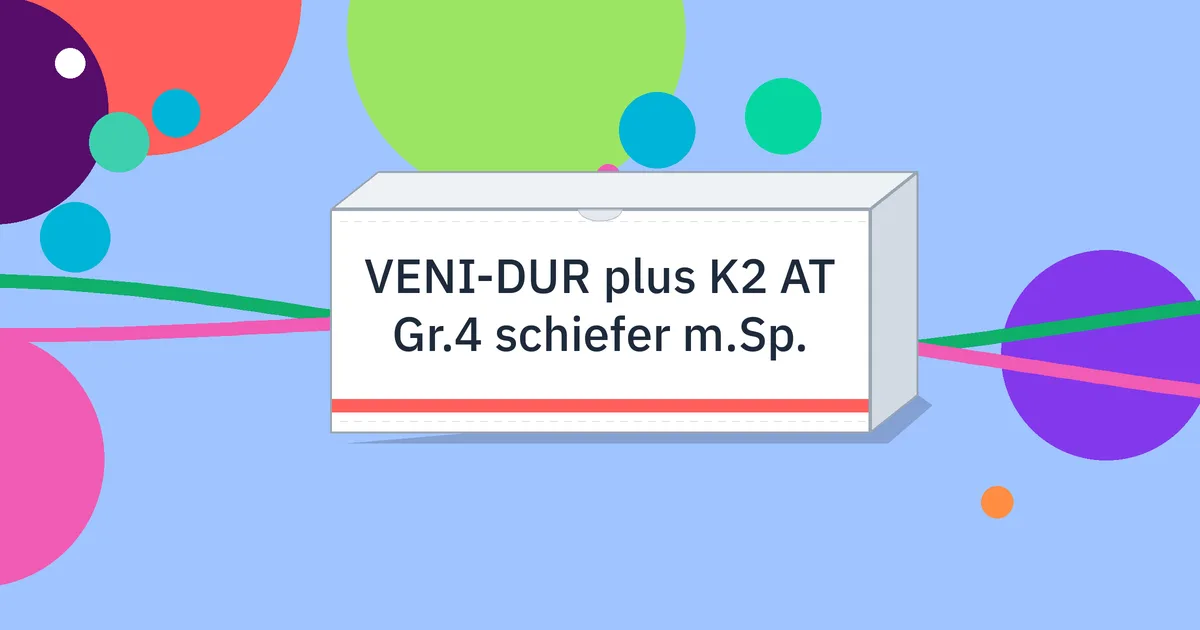 Symbolbild: Packung mit der Aufschrift VENI-DUR plus K2 AT Gr.4 schiefer m.Sp. (PZN 03255367) – Verfügbarkeit und Bezug in Apotheken in Frankfurt am Main