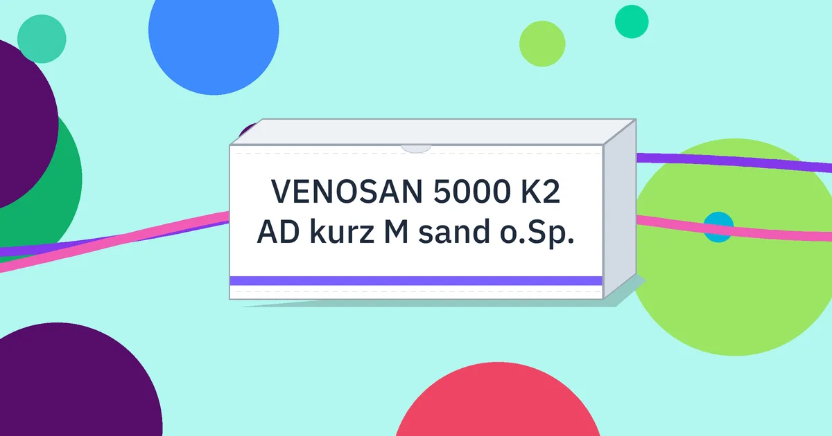Symbolbild: Packung mit der Aufschrift VENOSAN 5000 K2 AD kurz M sand o.Sp. (PZN 14428606) – Verfügbarkeit und Bezug in Apotheken in Frankfurt am Main