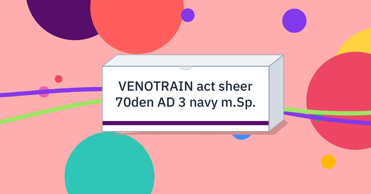 Symbolbild: Packung mit der Aufschrift VENOTRAIN act sheer 70den AD 3 navy m.Sp. (PZN 16208760) – Verfügbarkeit und Bezug in Apotheken in Frankfurt am Main