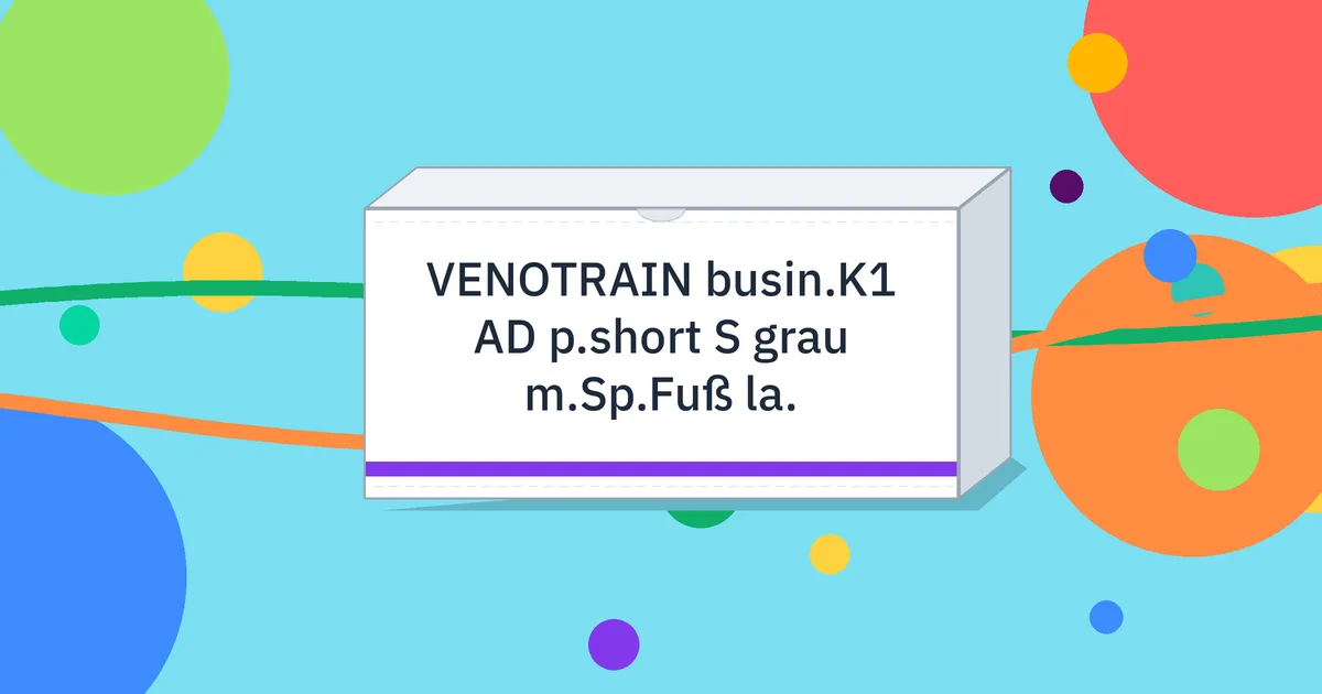 Symbolbild: Packung mit der Aufschrift VENOTRAIN busin.K1 AD p.short S grau m.Sp.Fuß la. (PZN 19056440) – Verfügbarkeit und Bezug in Apotheken in Frankfurt am Main