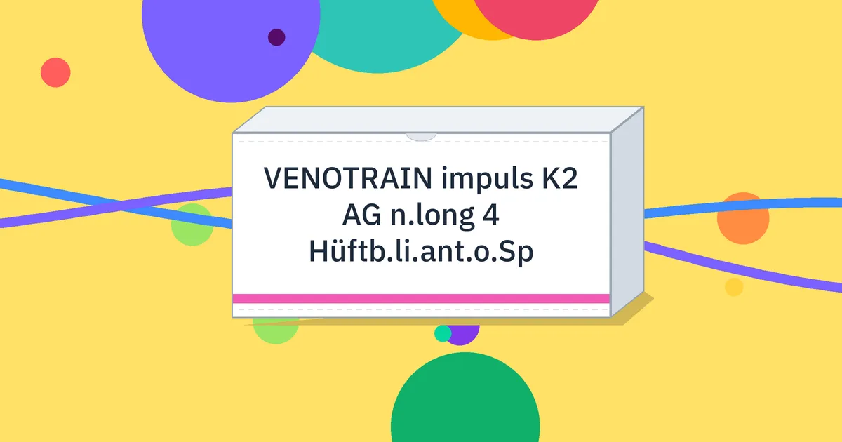 Symbolbild: Packung mit der Aufschrift VENOTRAIN impuls K2 AG n.long 4 Hüftb.li.ant.o.Sp (PZN 15219715) – Verfügbarkeit und Bezug in Apotheken in Frankfurt am Main