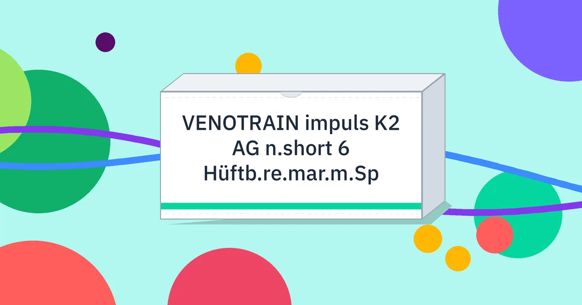 Symbolbild: Packung mit der Aufschrift VENOTRAIN impuls K2 AG n.short 6 Hüftb.re.mar.m.Sp (PZN 15216421) – Verfügbarkeit und Bezug in Apotheken in Frankfurt am Main