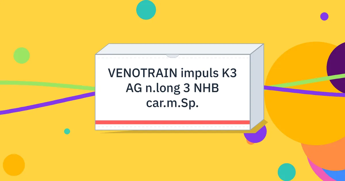 Symbolbild: Packung mit der Aufschrift VENOTRAIN impuls K3 AG n.long 3 NHB car.m.Sp. (PZN 00521259) – Verfügbarkeit und Bezug in Apotheken in Frankfurt am Main