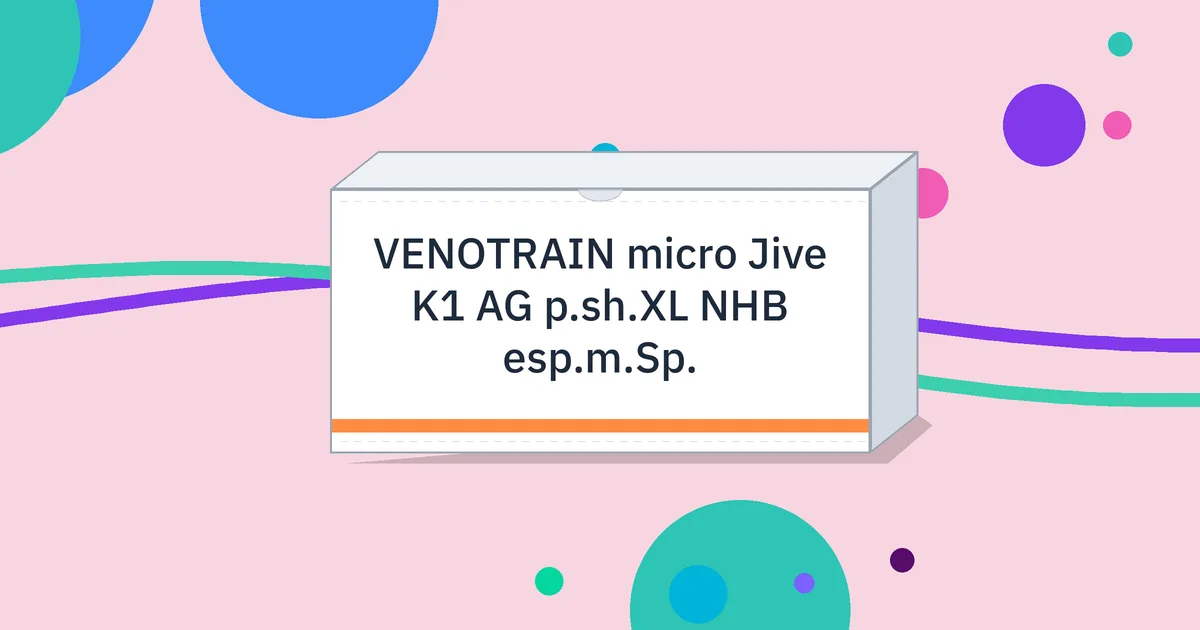 Symbolbild: Packung mit der Aufschrift VENOTRAIN micro Jive K1 AG p.sh.XL NHB esp.m.Sp. (PZN 17765818) – Verfügbarkeit und Bezug in Apotheken in Frankfurt am Main