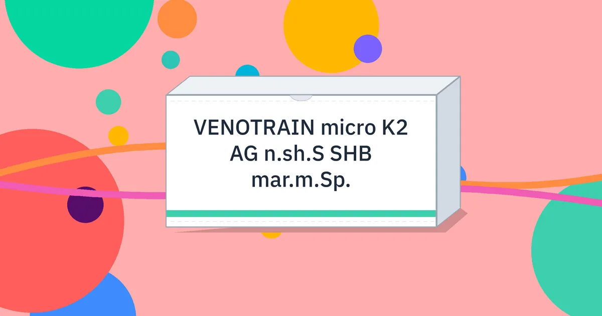 Symbolbild: Packung mit der Aufschrift VENOTRAIN micro K2 AG n.sh.S SHB mar.m.Sp. (PZN 06153124) – Verfügbarkeit und Bezug in Apotheken in Frankfurt am Main