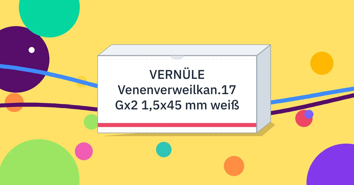 Symbolbild: Packung mit der Aufschrift VERNÜLE Venenverweilkan.17 Gx2 1,5x45 mm weiß (PZN 10540298) – Verfügbarkeit und Bezug in Apotheken in Frankfurt am Main