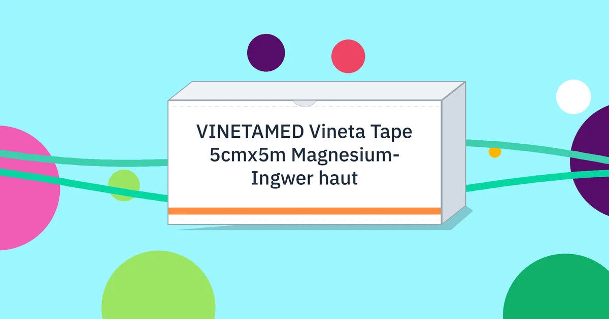 Symbolbild: Packung mit der Aufschrift VINETAMED Vineta Tape 5cmx5m Magnesium-Ingwer haut (PZN 19488582) – Verfügbarkeit und Bezug in Apotheken in Frankfurt am Main
