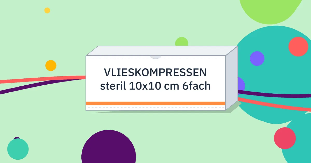 Symbolbild: Packung mit der Aufschrift VLIESKOMPRESSEN steril 10x10 cm 6fach (PZN 18020747) – Verfügbarkeit und Bezug in Apotheken in Frankfurt am Main