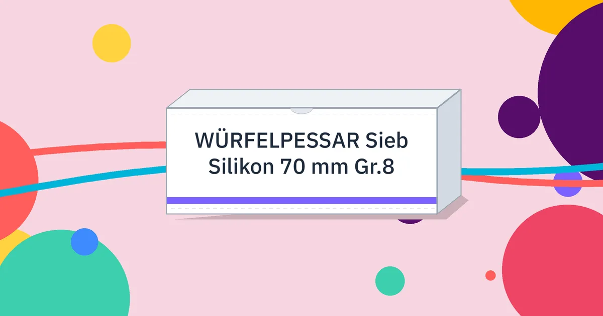 Symbolbild: Packung mit der Aufschrift WÜRFELPESSAR Sieb Silikon 70 mm Gr.8 (PZN 06869762) – Verfügbarkeit und Bezug in Apotheken in Frankfurt am Main