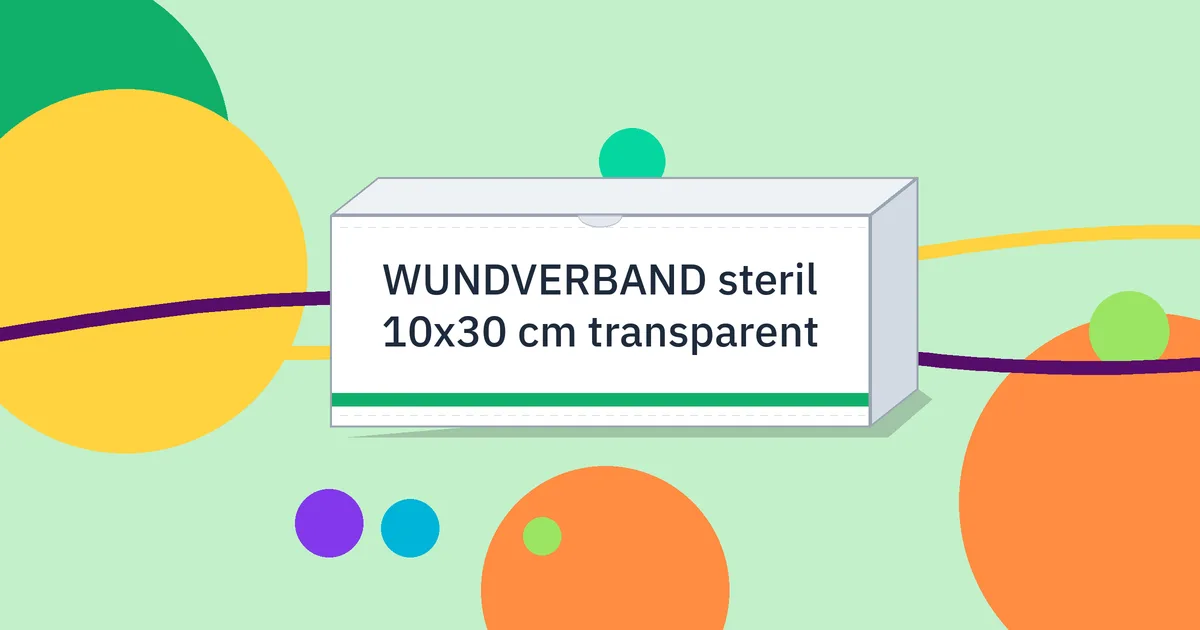 Symbolbild: Packung mit der Aufschrift WUNDVERBAND steril 10x30 cm transparent (PZN 10821643) – Verfügbarkeit und Bezug in Apotheken in Frankfurt am Main