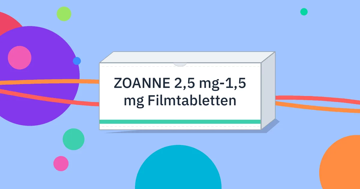 Symbolbild: Packung mit der Aufschrift ZOANNE 2,5 mg-1,5 mg Filmtabletten (PZN 18371553) – Verfügbarkeit und Bezug in Apotheken in Frankfurt am Main