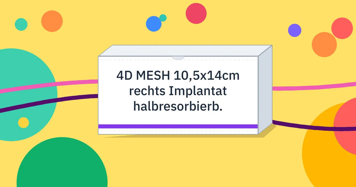 Symbolbild: Packung mit der Aufschrift 4D MESH 10,5x14cm rechts Implantat halbresorbierb. (PZN 19504387) – Verfügbarkeit und Bezug in Apotheken in Frankfurt am Main