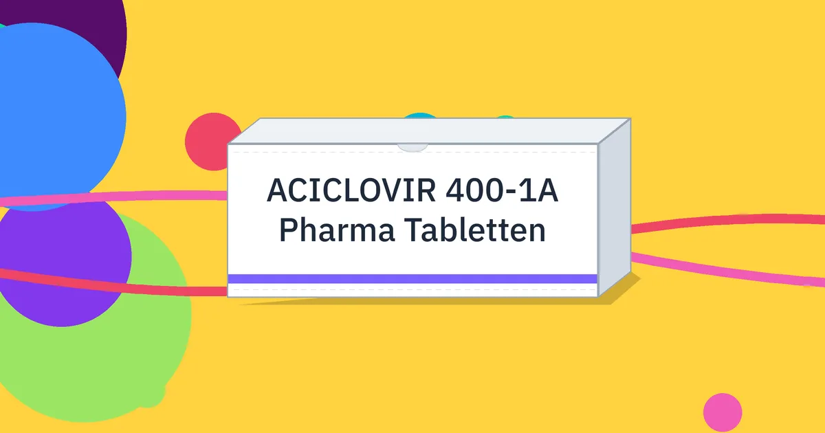 Symbolbild: Packung mit der Aufschrift ACICLOVIR 400-1A Pharma Tabletten (PZN 01332916) – Verfügbarkeit und Bezug in Apotheken in Frankfurt am Main
