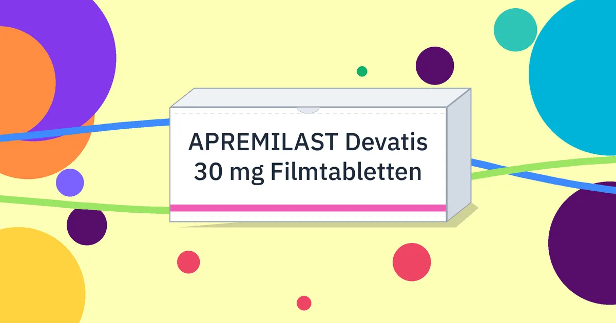 Symbolbild: Packung mit der Aufschrift APREMILAST Devatis 30 mg Filmtabletten (PZN 19636410) – Verfügbarkeit und Bezug in Apotheken in Frankfurt am Main