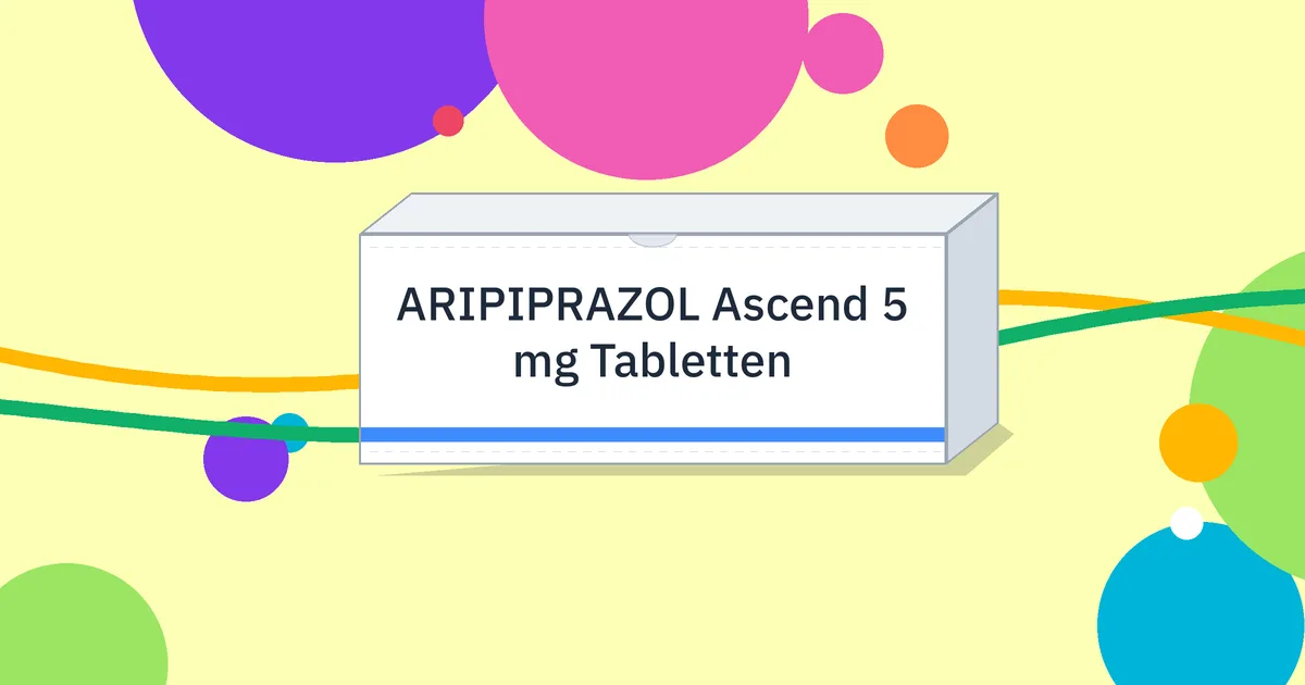 Symbolbild: Packung mit der Aufschrift ARIPIPRAZOL Ascend 5 mg Tabletten (PZN 18425220) – Verfügbarkeit und Bezug in Apotheken in Frankfurt am Main