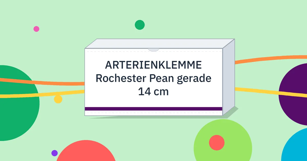 Symbolbild: Packung mit der Aufschrift ARTERIENKLEMME Rochester Pean gerade 14 cm (PZN 16818056) – Verfügbarkeit und Bezug in Apotheken in Frankfurt am Main