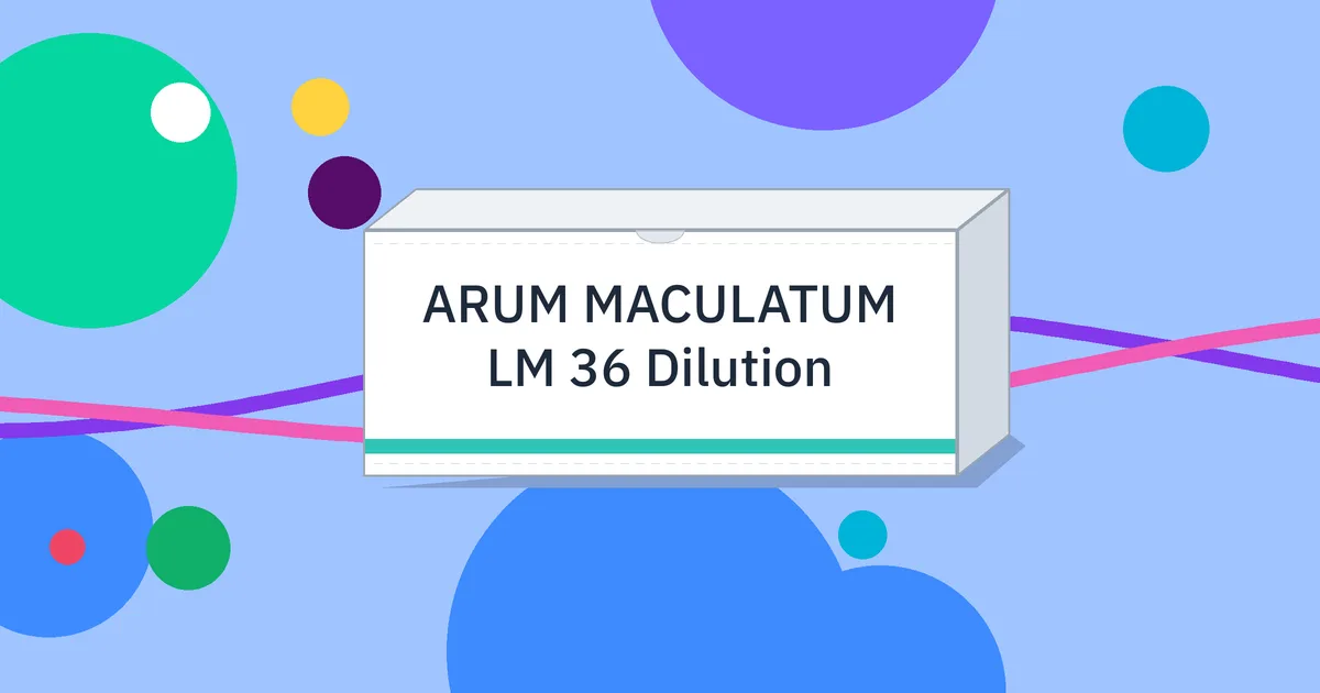 Symbolbild: Packung mit der Aufschrift ARUM MACULATUM LM 36 Dilution (PZN 13396778) – Verfügbarkeit und Bezug in Apotheken in Frankfurt am Main