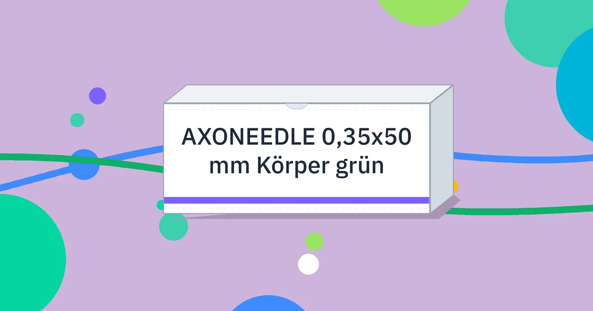 Symbolbild: Packung mit der Aufschrift AXONEEDLE 0,35x50 mm Körper grün (PZN 19996367) – Verfügbarkeit und Bezug in Apotheken in Frankfurt am Main