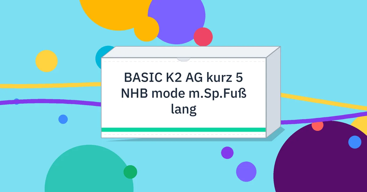 Symbolbild: Packung mit der Aufschrift BASIC K2 AG kurz 5 NHB mode m.Sp.Fuß lang (PZN 20268130) – Verfügbarkeit und Bezug in Apotheken in Frankfurt am Main