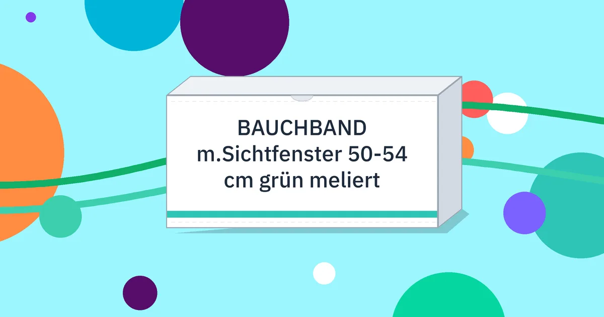 Symbolbild: Packung mit der Aufschrift BAUCHBAND m.Sichtfenster 50-54 cm grün meliert (PZN 13917266) – Verfügbarkeit und Bezug in Apotheken in Frankfurt am Main