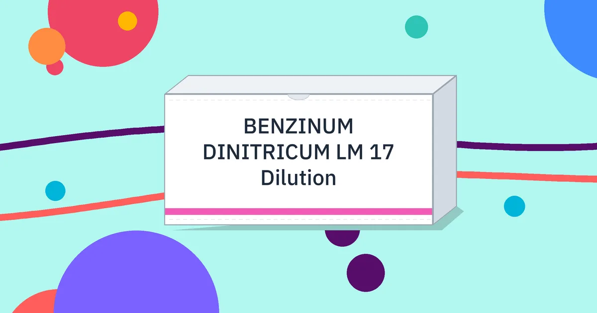 Symbolbild: Packung mit der Aufschrift BENZINUM DINITRICUM LM 17 Dilution (PZN 13382351) – Verfügbarkeit und Bezug in Apotheken in Frankfurt am Main