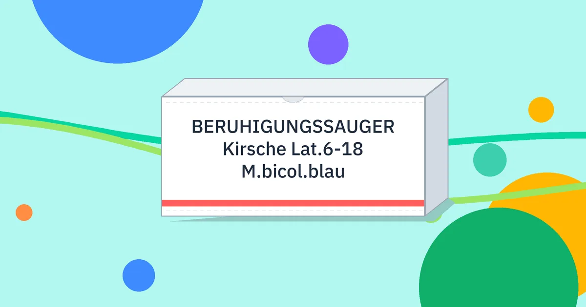 Symbolbild: Packung mit der Aufschrift BERUHIGUNGSSAUGER Kirsche Lat.6-18 M.bicol.blau (PZN 04793167) – Verfügbarkeit und Bezug in Apotheken in Frankfurt am Main