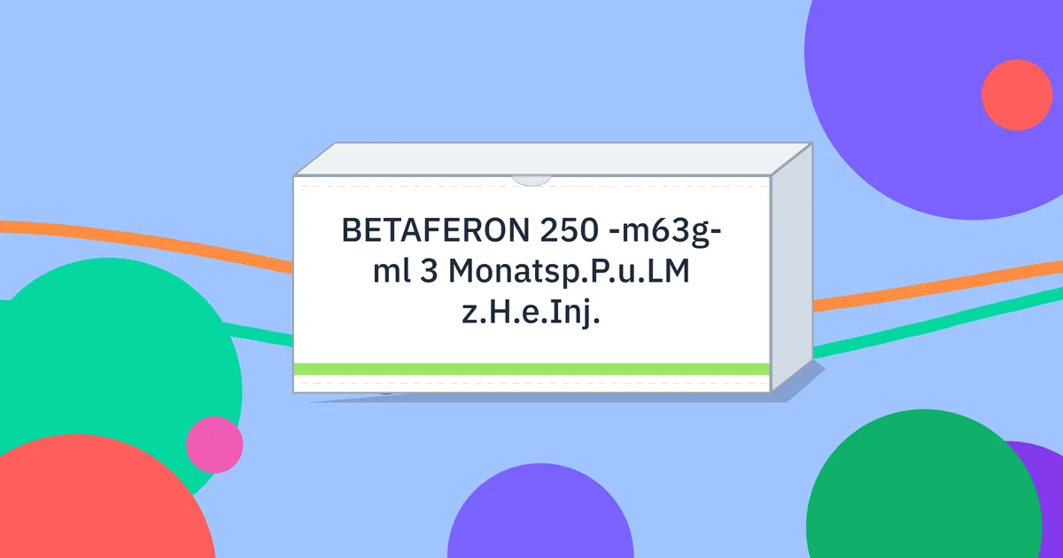Symbolbild: Packung mit der Aufschrift BETAFERON 250 -m63g-ml 3 Monatsp.P.u.LM z.H.e.Inj. (PZN 05870912) – Verfügbarkeit und Bezug in Apotheken in Frankfurt am Main