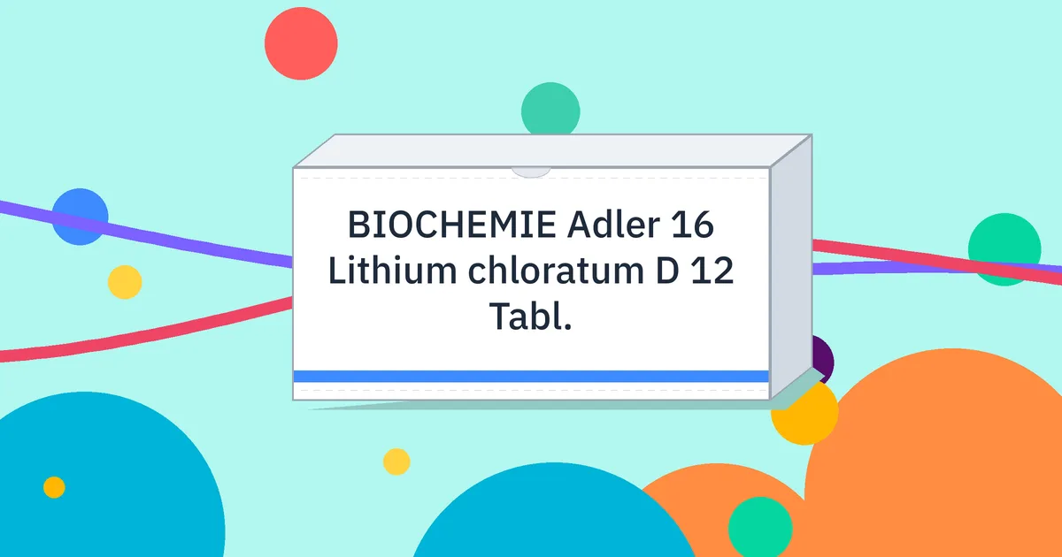Symbolbild: Packung mit der Aufschrift BIOCHEMIE Adler 16 Lithium chloratum D 12 Tabl. (PZN 02730576) – Verfügbarkeit und Bezug in Apotheken in Frankfurt am Main